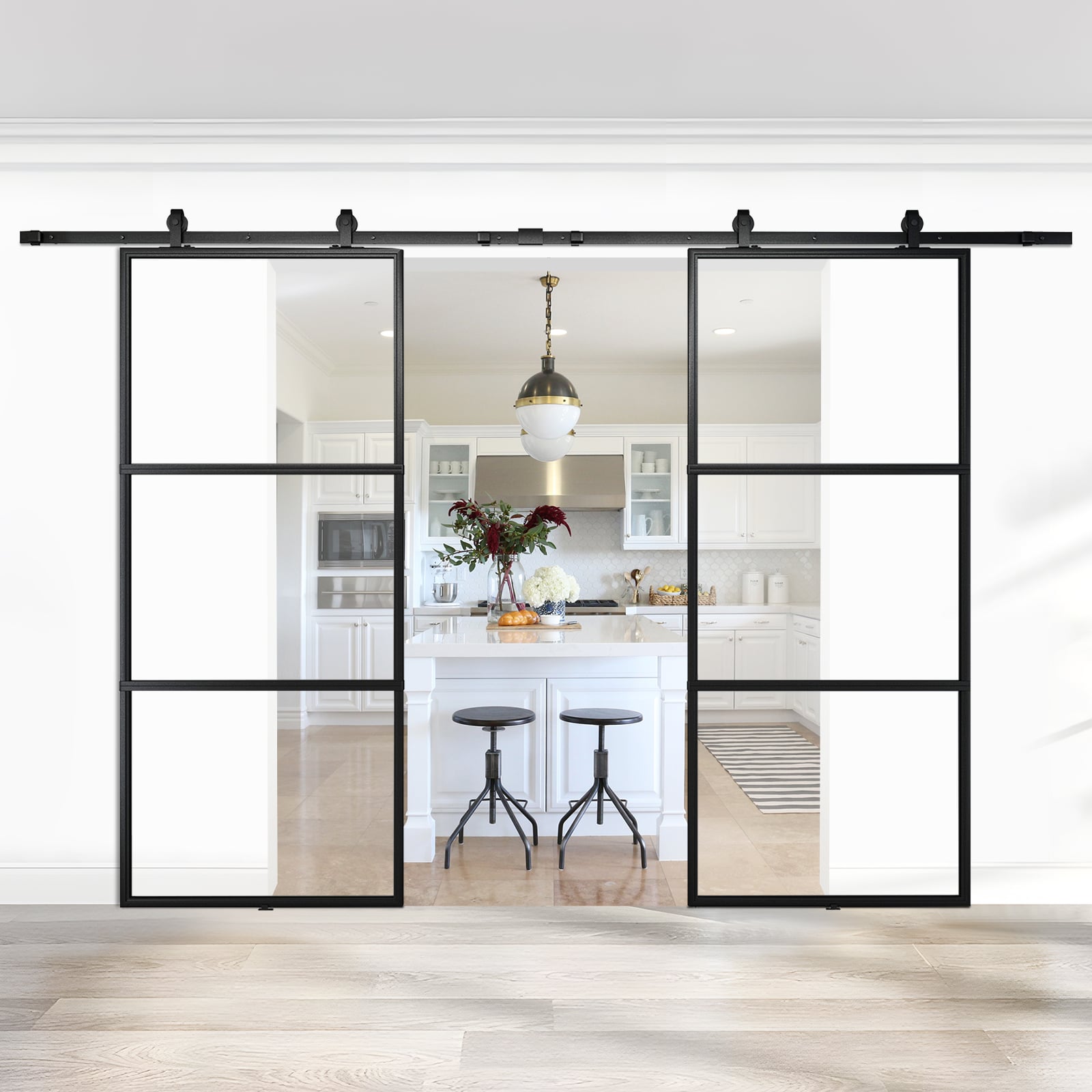 Double Clear Glass Barn Door with Hardware Kit and Soft Close Mechanism ...